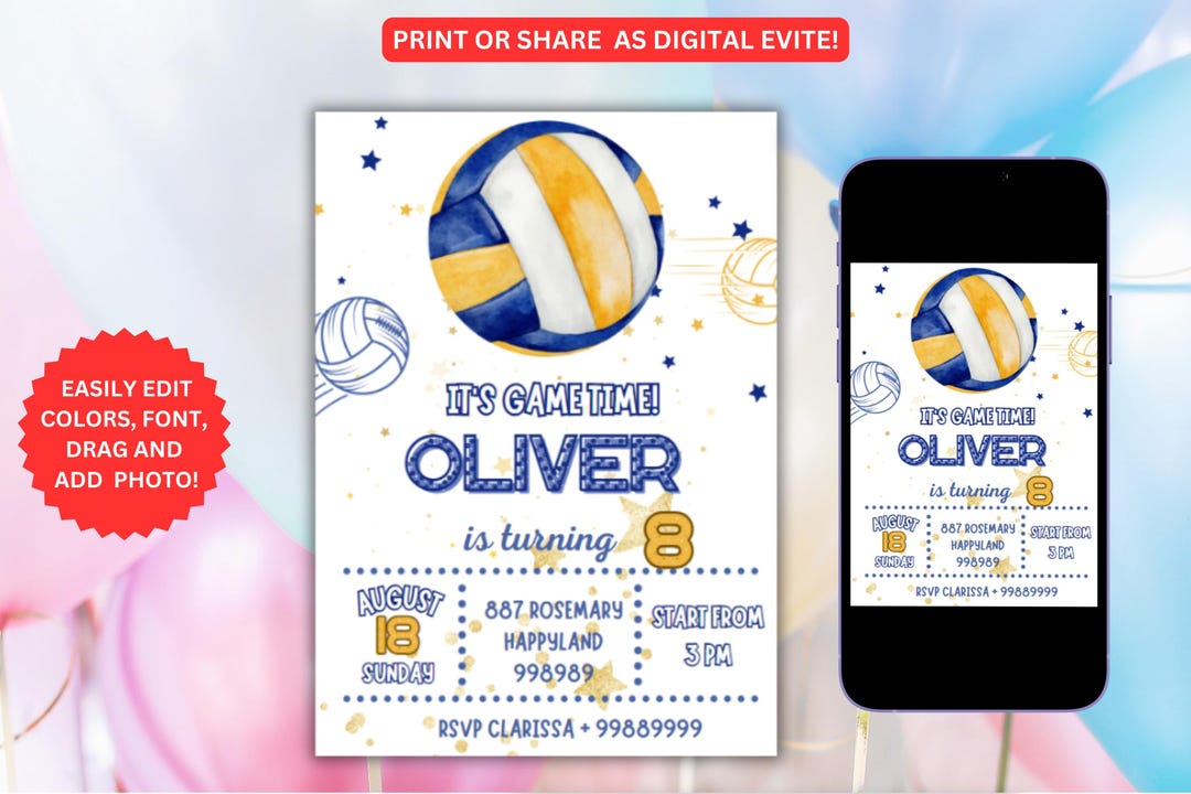 Volleyball Birthday Invitation,volleyball Party Invites,editable ...