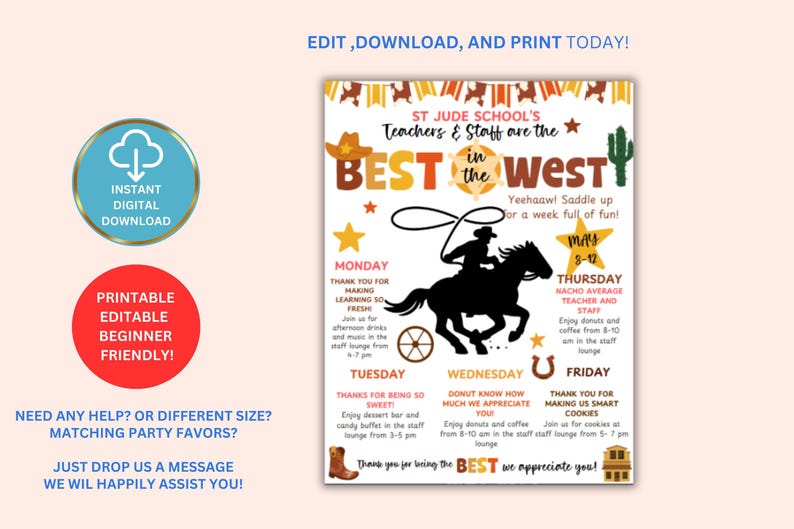 Editable Western Teacher Appreciation Week Itinerary: Wild West ...