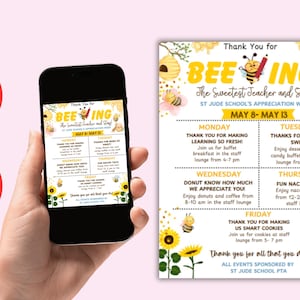 Printable Editable Bumble Bee Teacher Staff Appreciation Itinerary ...