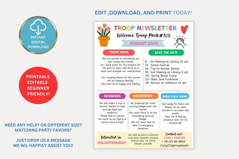 Scout Troop Newsletter Template: Editable Canva Printable Digital ...