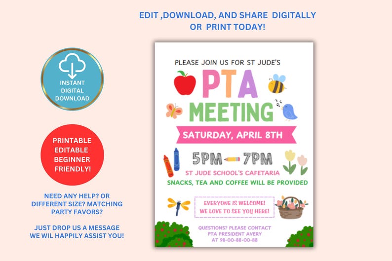 Spring PTA Meeting Flyer Template: School Invitation (canva, Digital ...