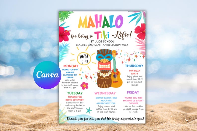Hawaiian Teacher Appreciation Flyer: Tropical Luau Itinerary Digital ...