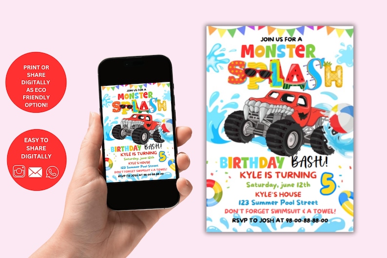 Monster Truck Pool Party Invitation: Summer Birthday (digital Printable ...