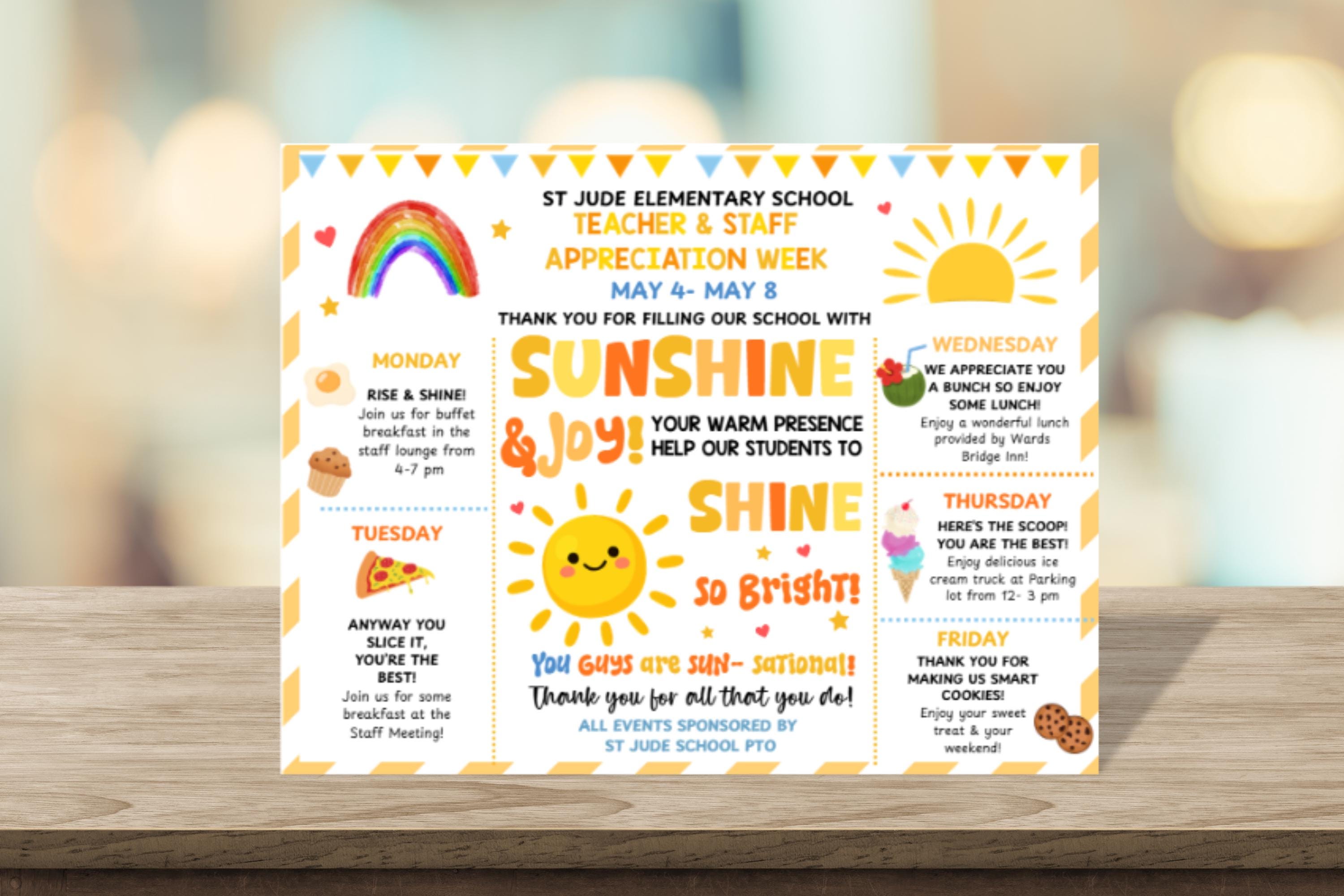 Editable Sunshine Theme Teacher Appreciation Week Sun Itinerary Flyer ...