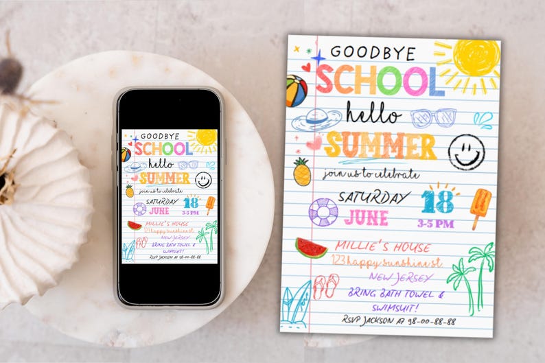 Goodbye School Hello Summer Invitation Template, Printable End of ...