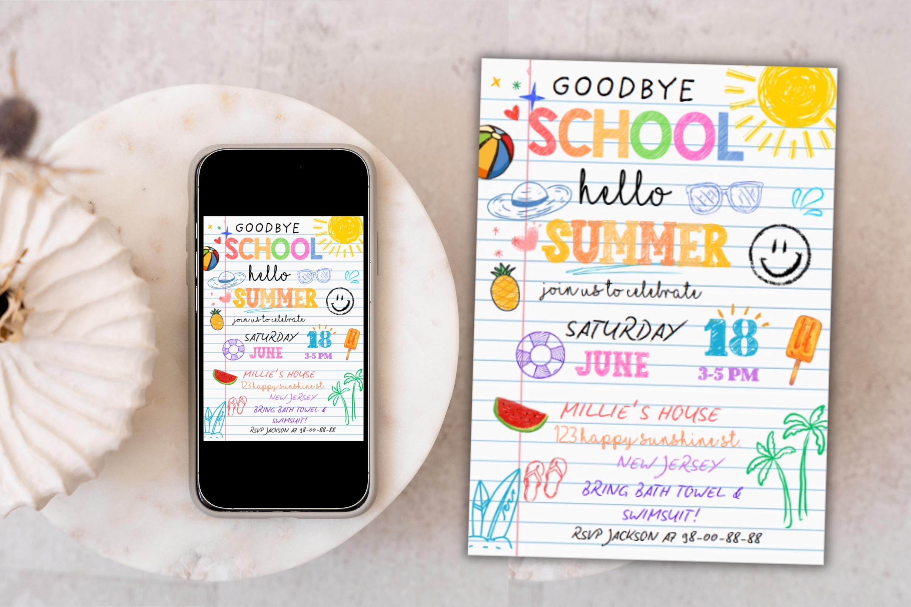 Goodbye School Hello Summer Invitation Template, Printable End of ...
