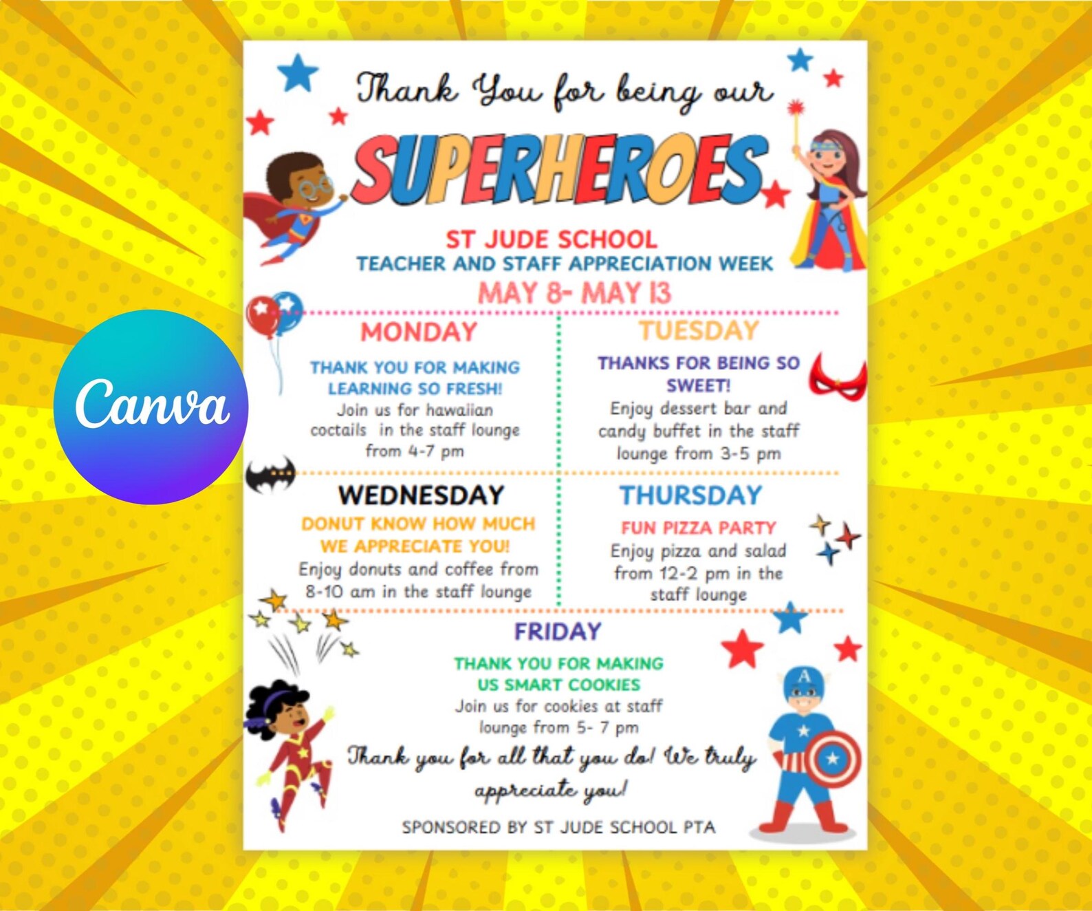 Editable Superhero Teacher Appreciation Week Flyer,week Schedule Event ...