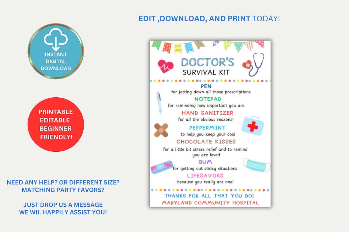 Doctor Survival Kit Gift Tags, Medical Staff Appreciation Week, Thank ...