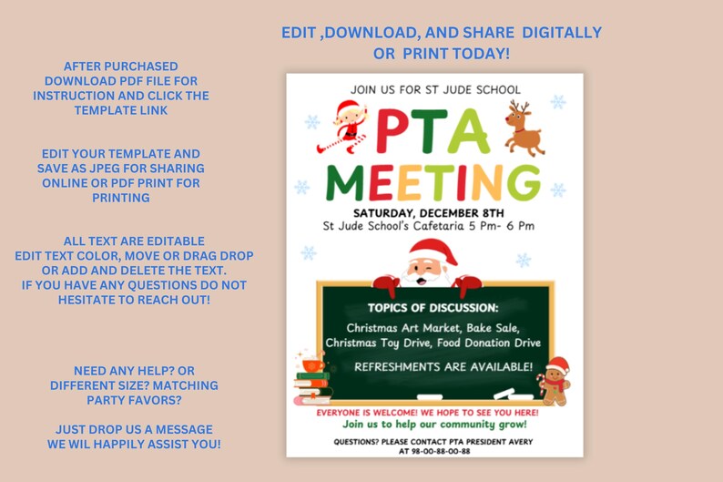Editable Christmas PTA Meeting Flyer, School Holiday PTO- Digital ...