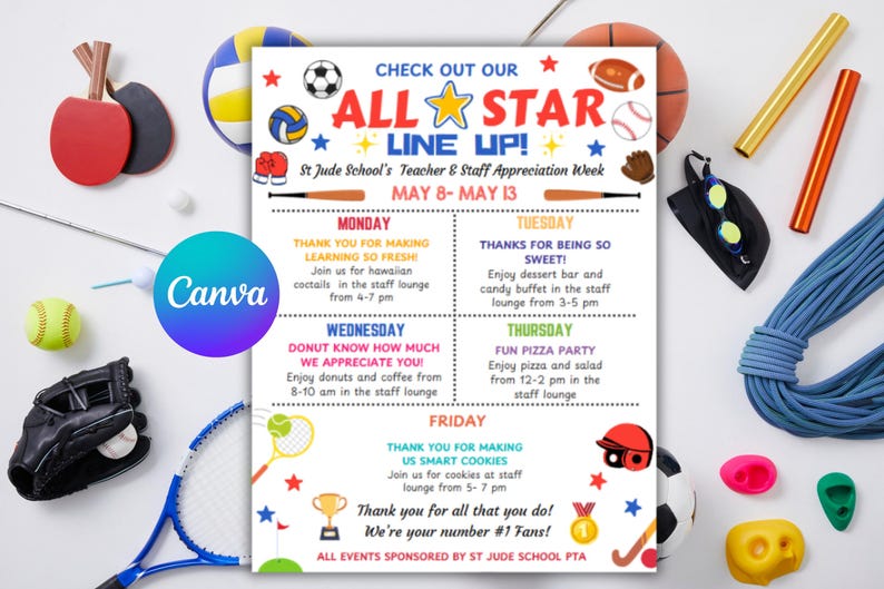 Sports All Star Teacher Staff Appreciation Week Itinerary Schedule ...