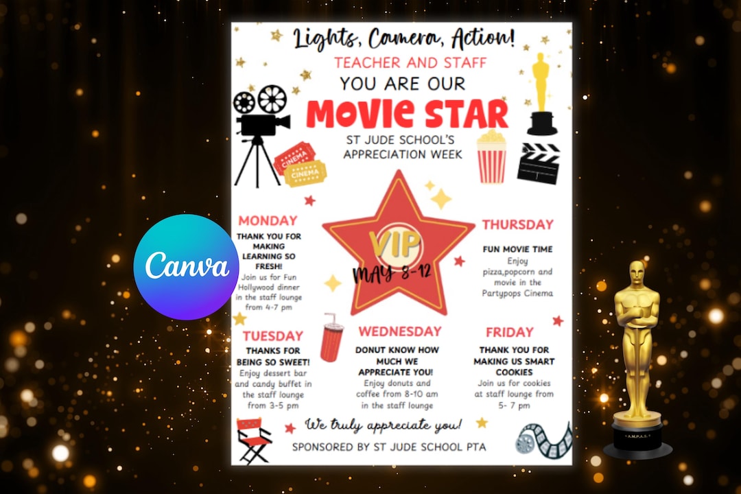 Hollywood Movie Star Teacher Staff Appreciation Week Itinerary Flyer ...