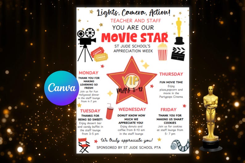 Hollywood Movie Star Teacher Staff Appreciation Week Itinerary Flyer ...