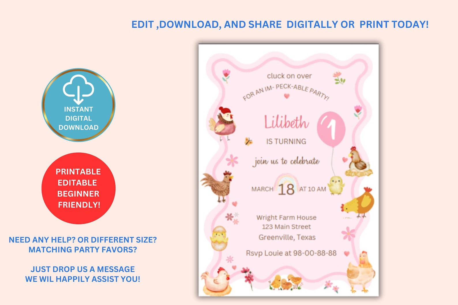 Editable Chicken Birthday Party Invitation Cluck on Over Spring Farm ...