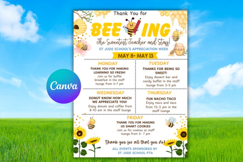 Printable Editable Bumble Bee Teacher Staff Appreciation Itinerary ...