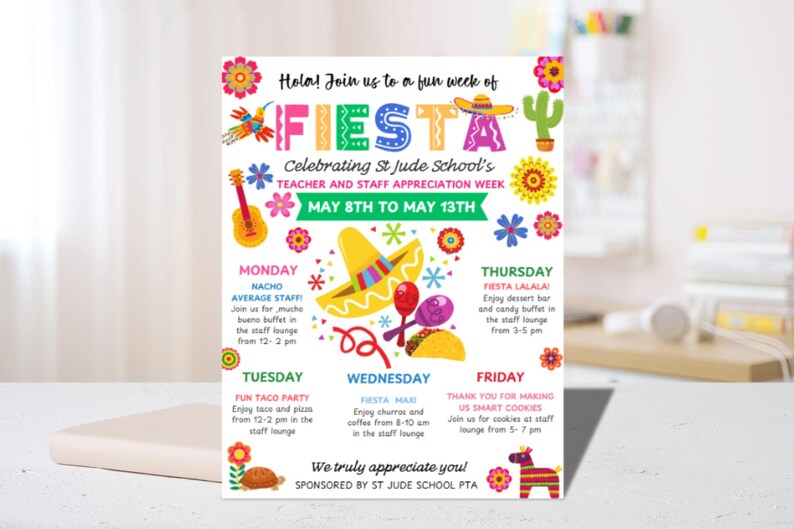 Mexican Fiesta Teacher Appreciation Itinerary Flyer (canva Template ...