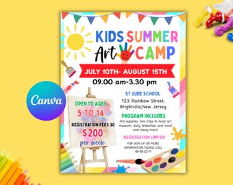 Editable Summer Art Camp Flyer, Kids Little Artist Teacher Camp ...