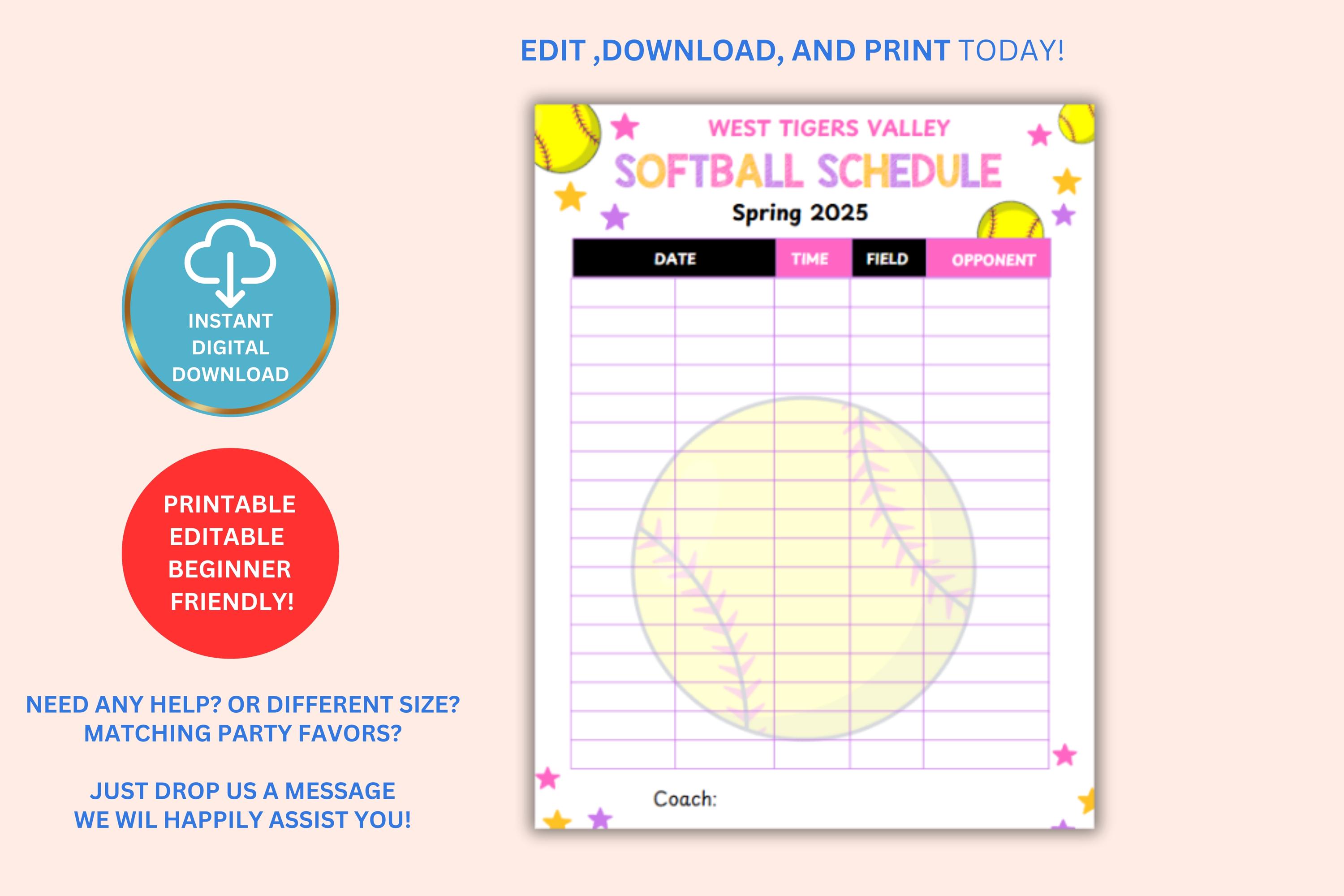 Girls Softball Schedule Template: Pink Game Calendar (canva Editable ...