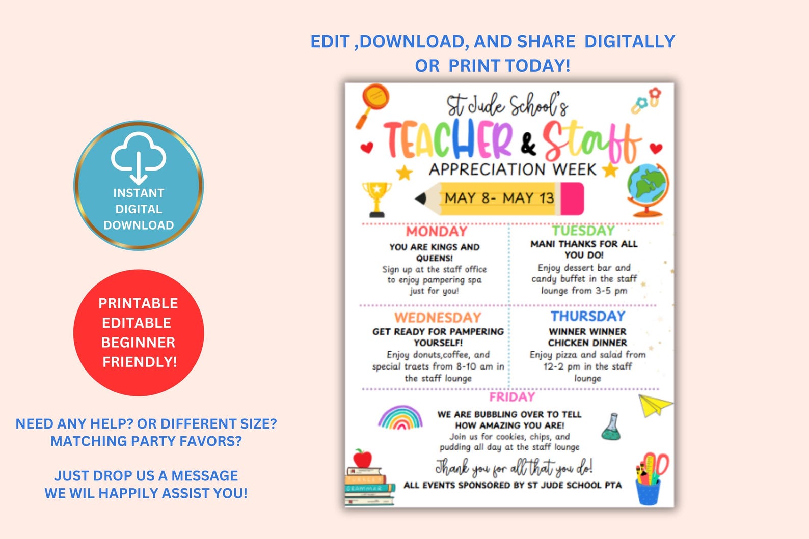 Teacher Appreciation Week Itinerary Flyer: Editable Canva Template ...