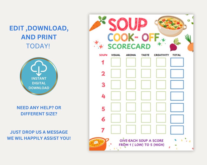 Soup Cook off Score Card-judging Sheet Soup Competition Editable ...