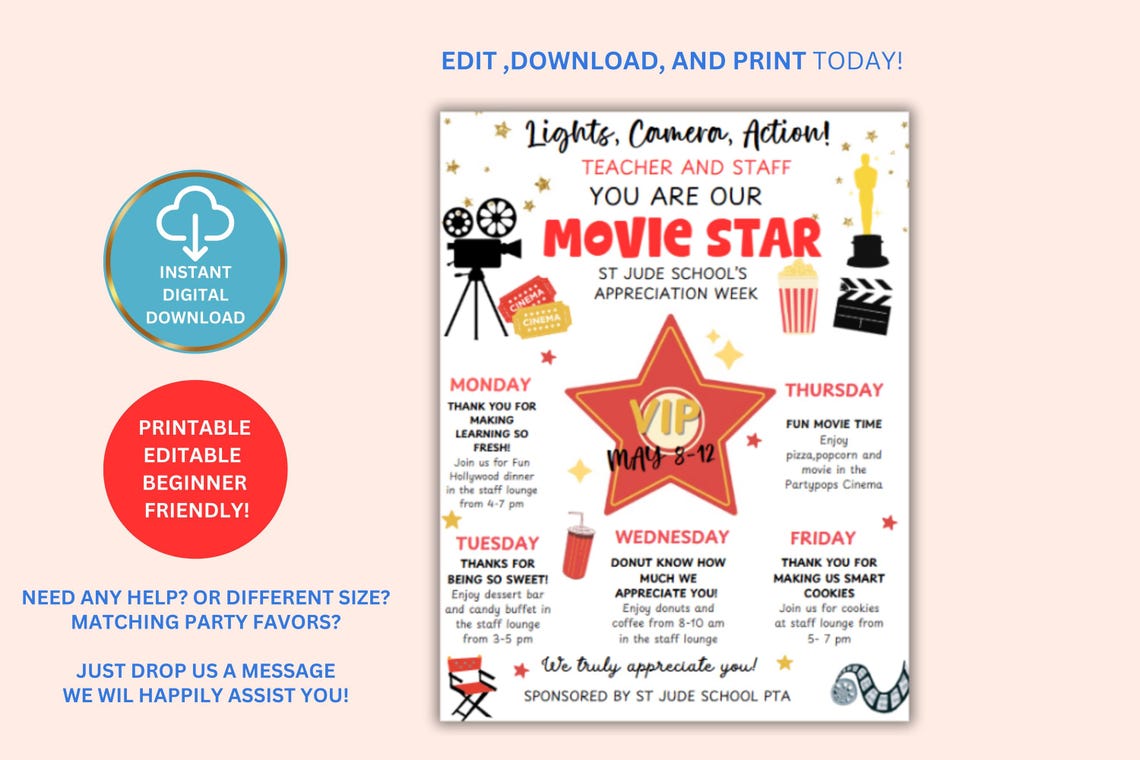 Hollywood Movie Star Teacher Staff Appreciation Week Itinerary Flyer ...
