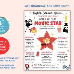 Hollywood Movie Star Teacher Staff Appreciation Week Itinerary Flyer ...