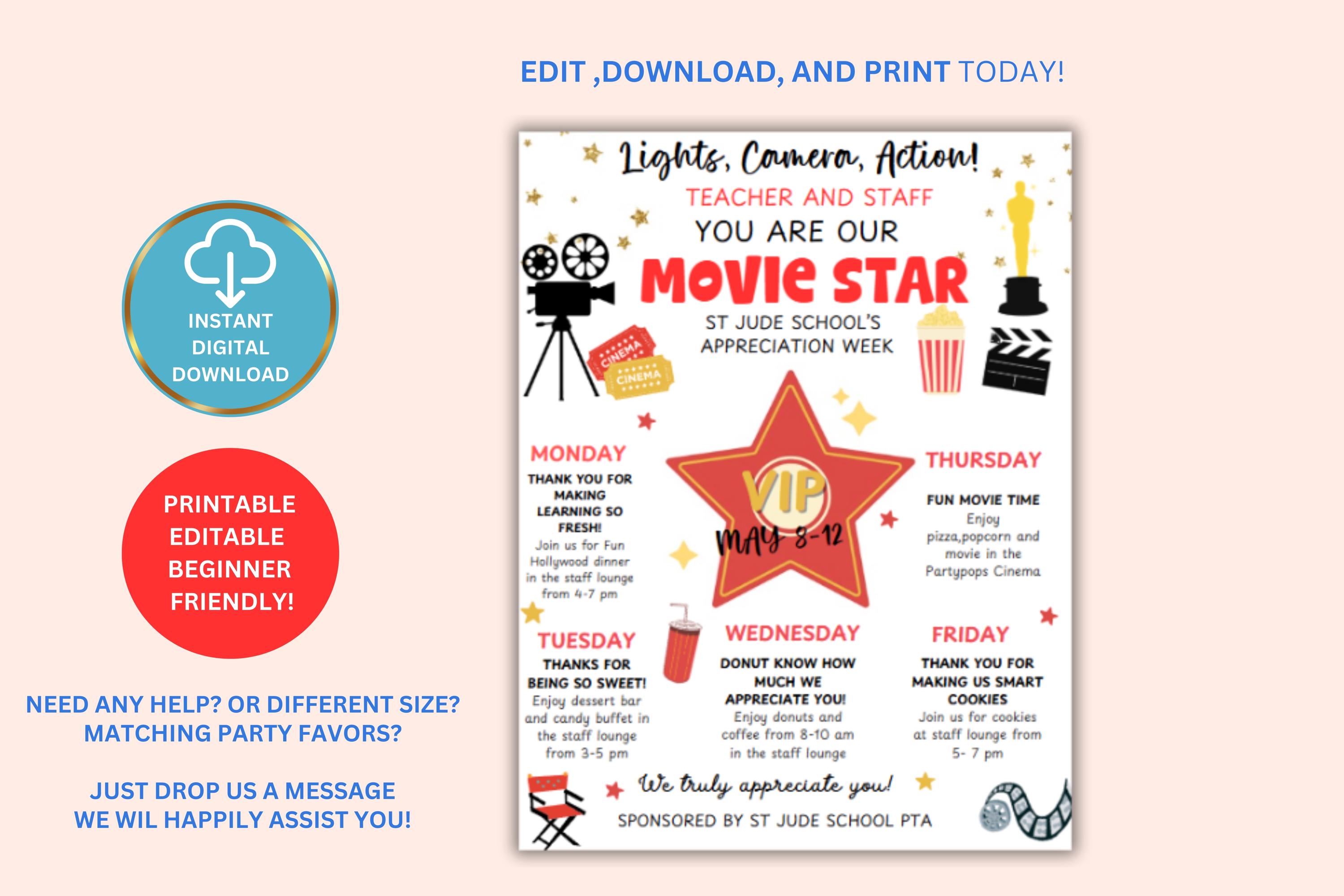 Hollywood Movie Star Teacher Staff Appreciation Week Itinerary Flyer ...