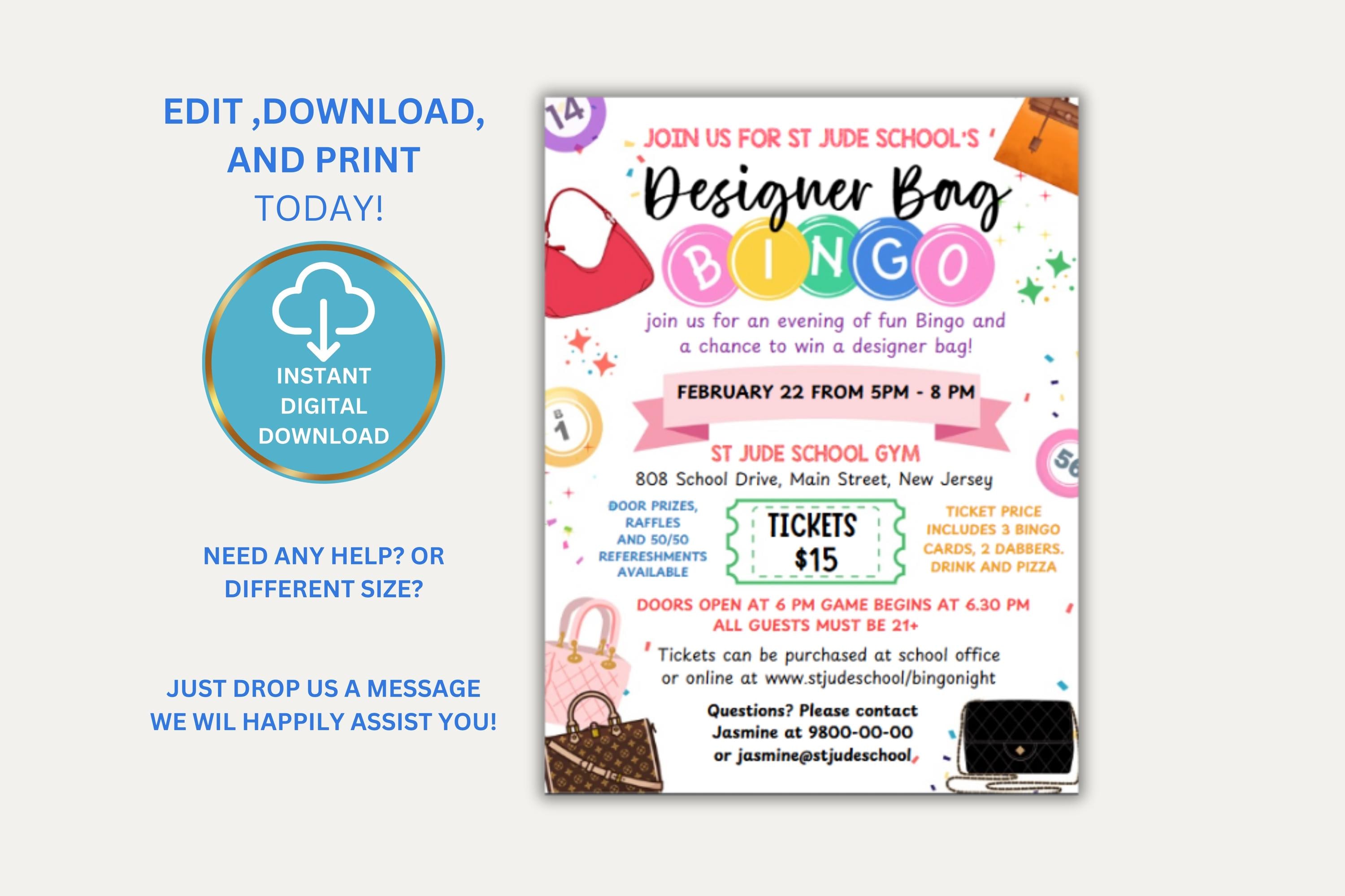 Designer Bag Bingo Night Flyer: School Pta Pto Womens Fundraiser Event ...