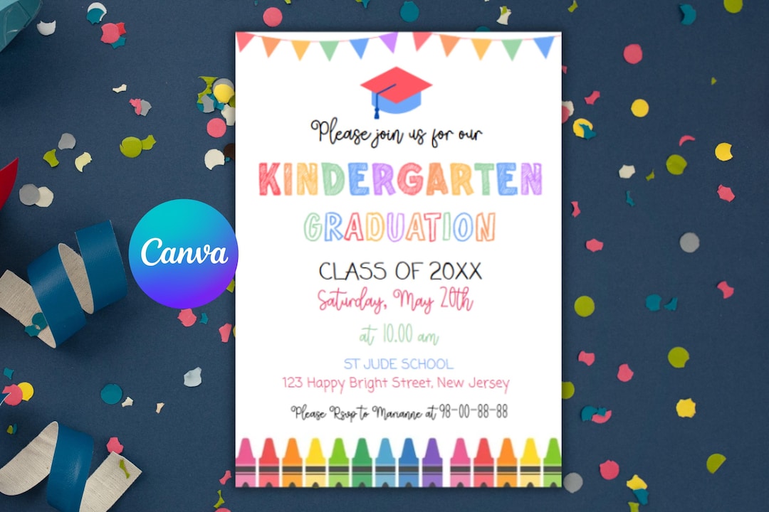 Editable Kindergarten Graduation Invitation: Printable Canva Template ...