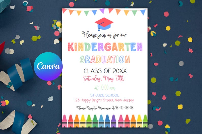 Editable Kindergarten Graduation Invitation: Printable Canva Template ...
