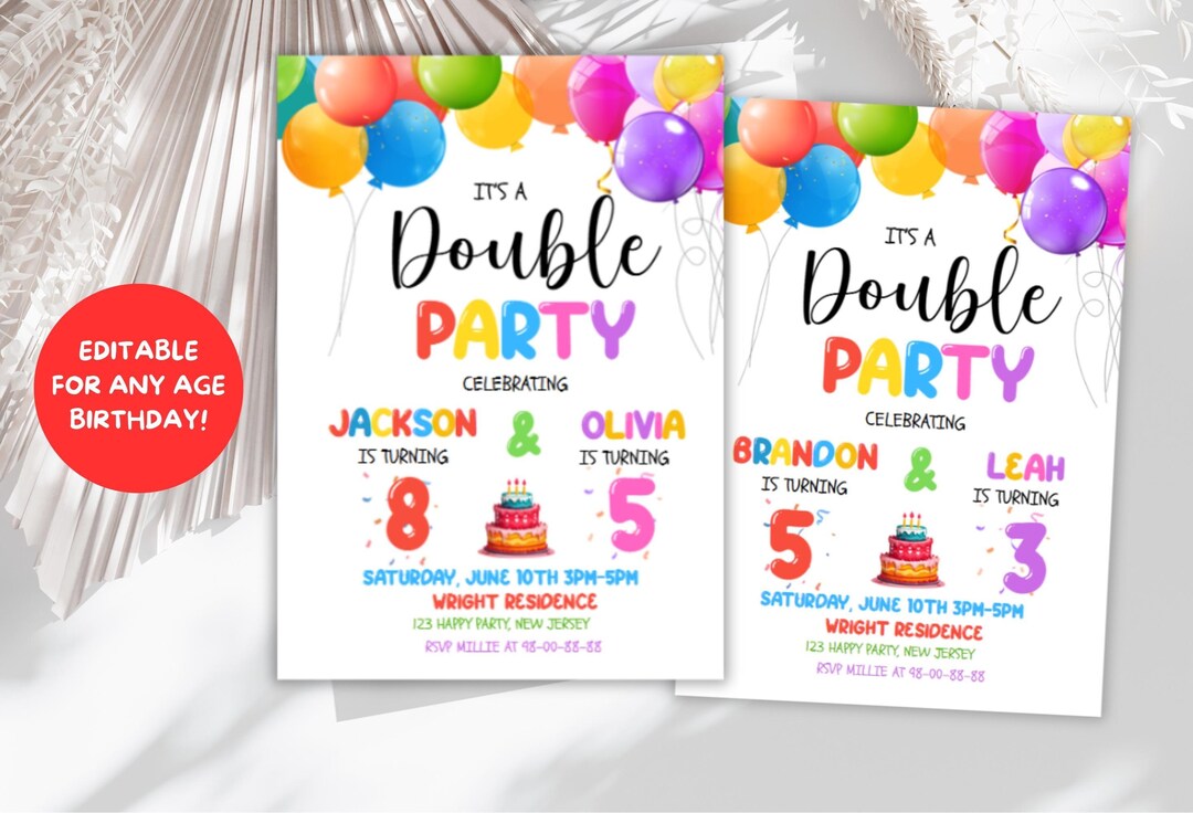 Editable Join Party Birthday Invitation, Sibling Birthday Party, Double ...