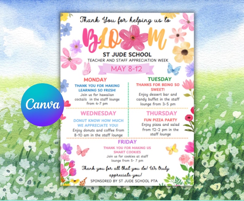 Editable Teacher Appreciation Week Itinerary: Floral Bloom Canva ...