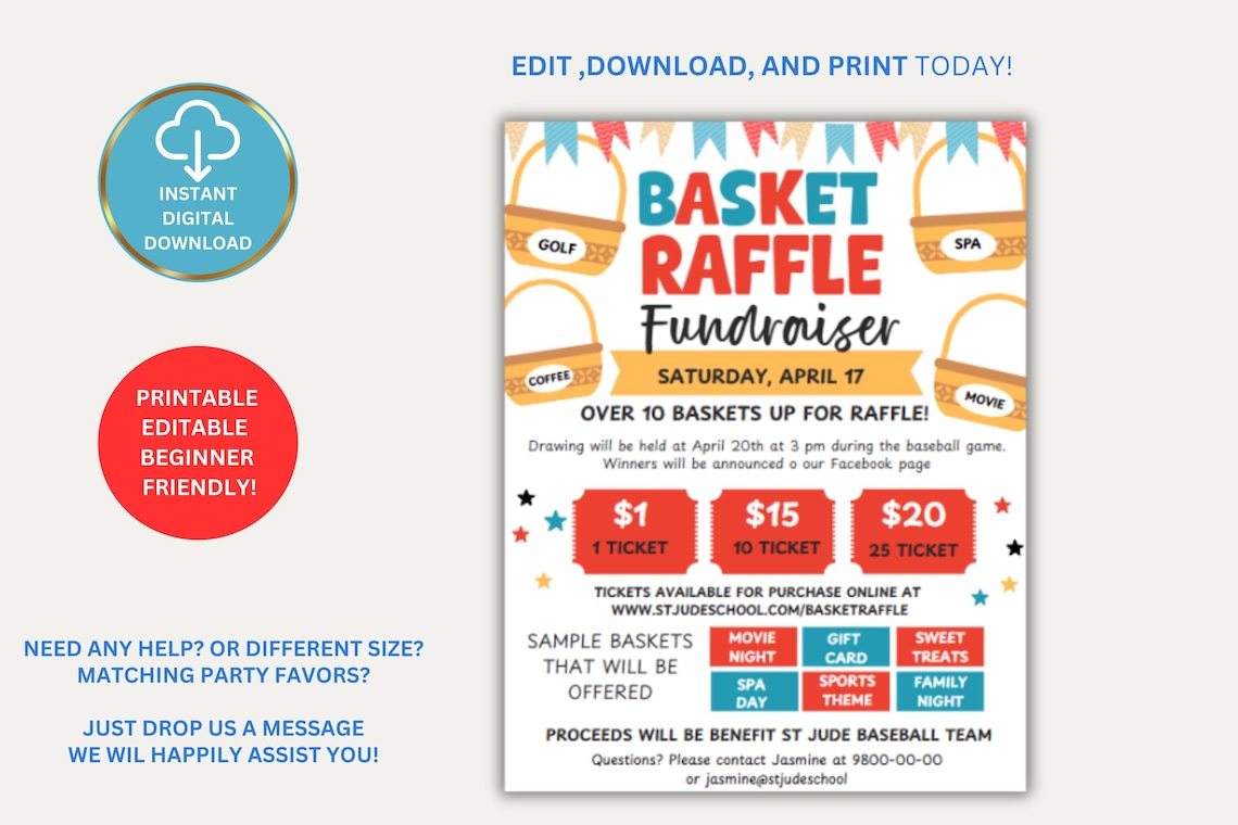 Basket Raffle Flyer Template, Gift Basket Fundraiser Raffle Invitation ...