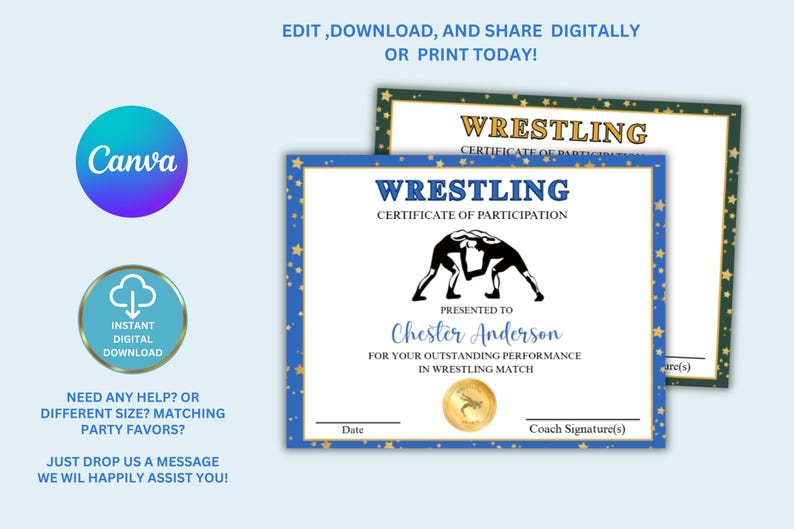 Editable Wrestling Award Certificate: Printable Team Participation ...