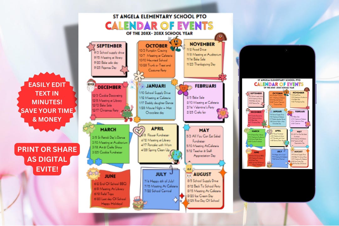 PTA Calendar of Events Flyer, School Events Flyer, Event Planning ...