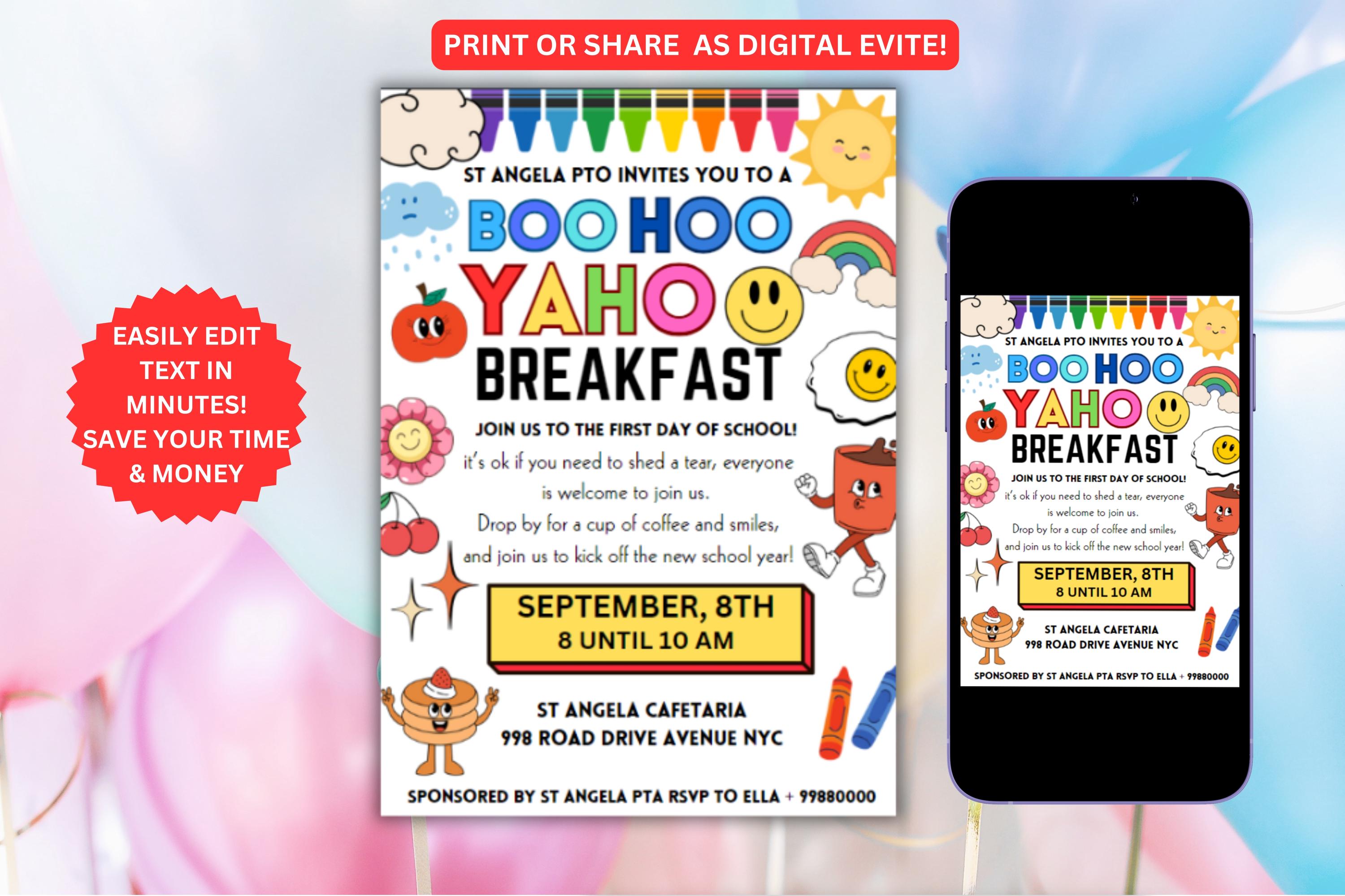 Back to School Breakfast Invitation,boo Hoo Breakfast Flyer, PTA PTO ...