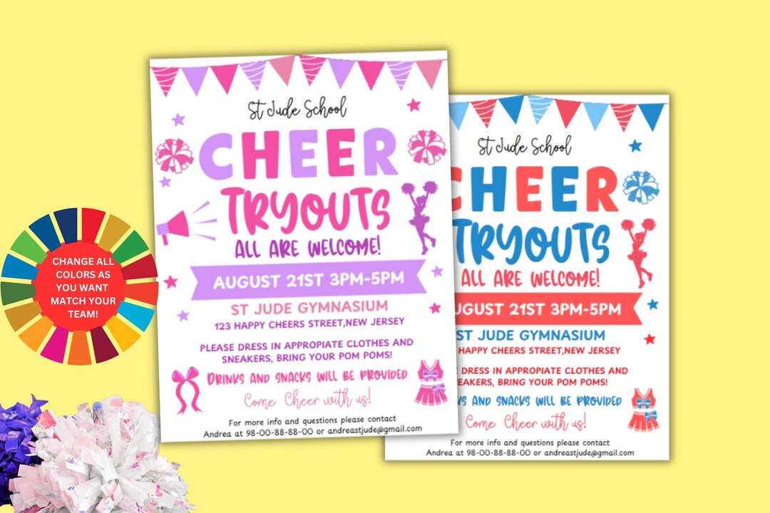 Cheer Tryouts Flyer Template, Fully Editable Colors Cheerleading ...