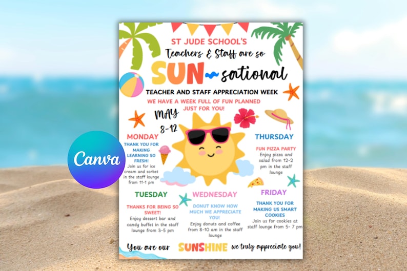 Sunsational Teacher Appreciation Week Flyer: Beach Theme Canva Template ...