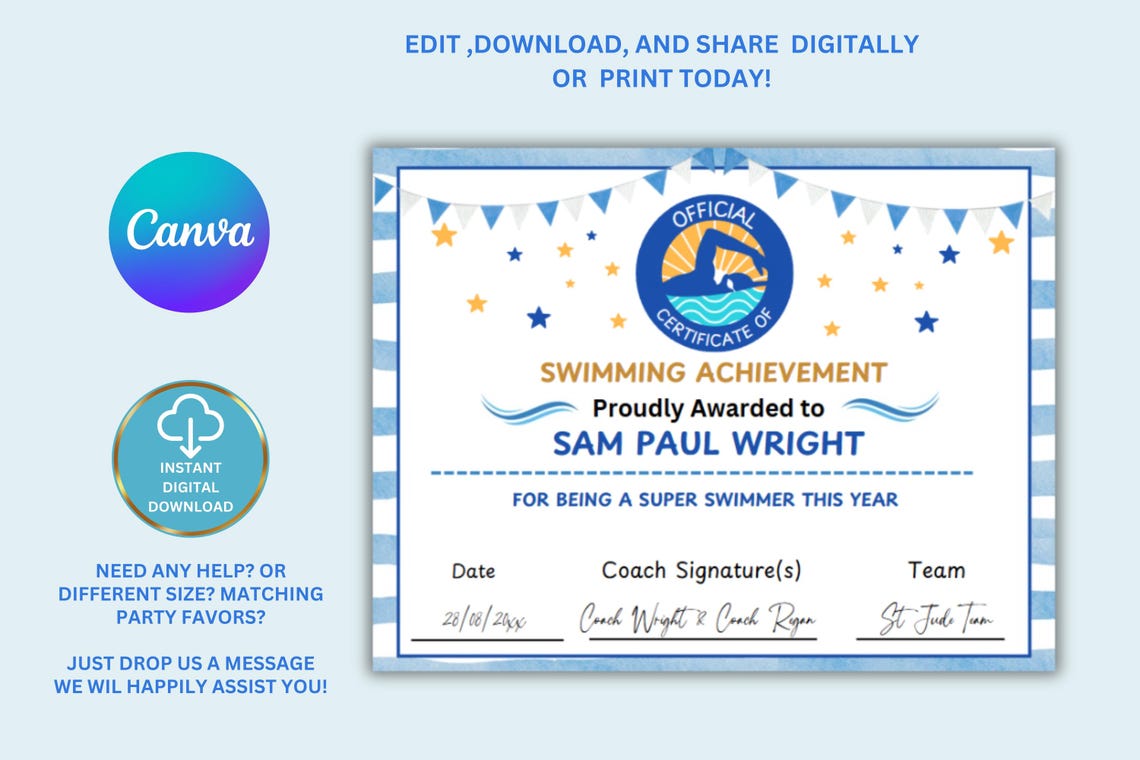 Editable Swim Team Award Certificates: Printable Swimming Awards ...