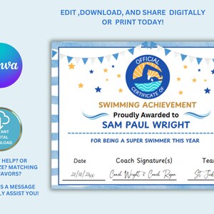 Editable Swim Team Award Certificates: Printable Swimming Awards ...