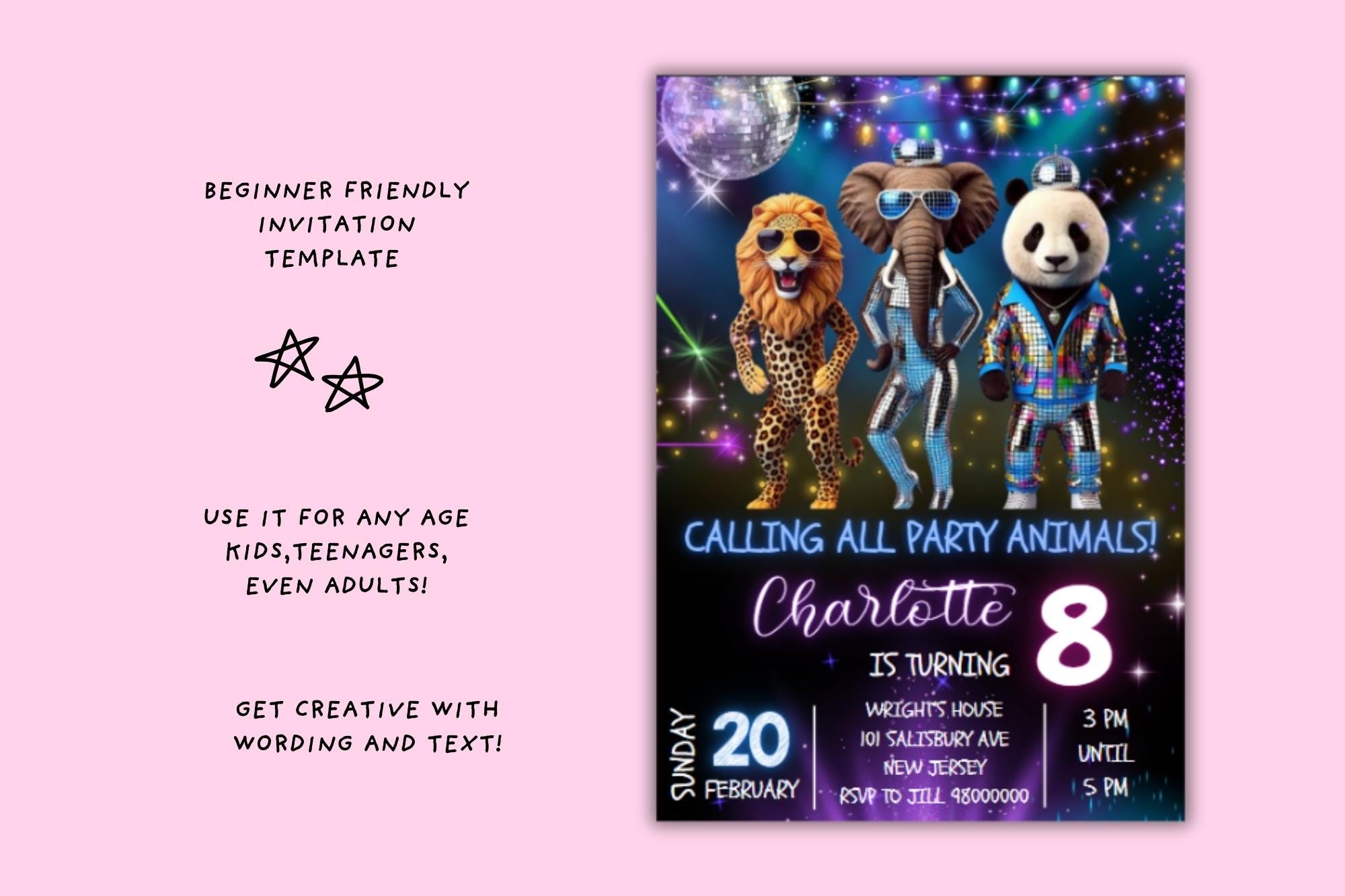 Party Animals Birthday Invitation Editable Template,glow in the Dark ...