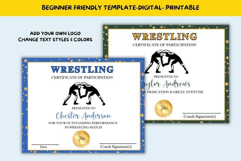 Editable Wrestling Award Certificate: Printable Team Participation ...