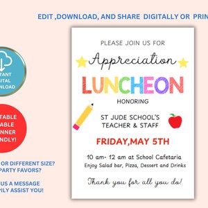 Editable Teacher Staff Appreciation Luncheon Invitation- Canva Template ...