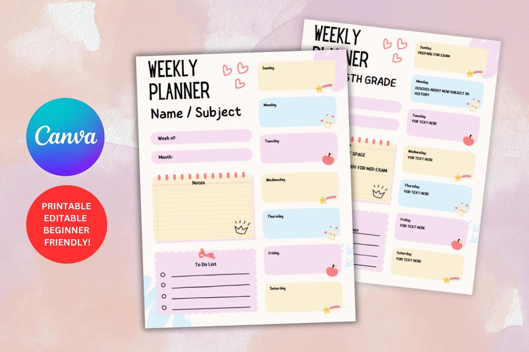 Weekly Student Planner: Printable School Study Template (canva Editable ...