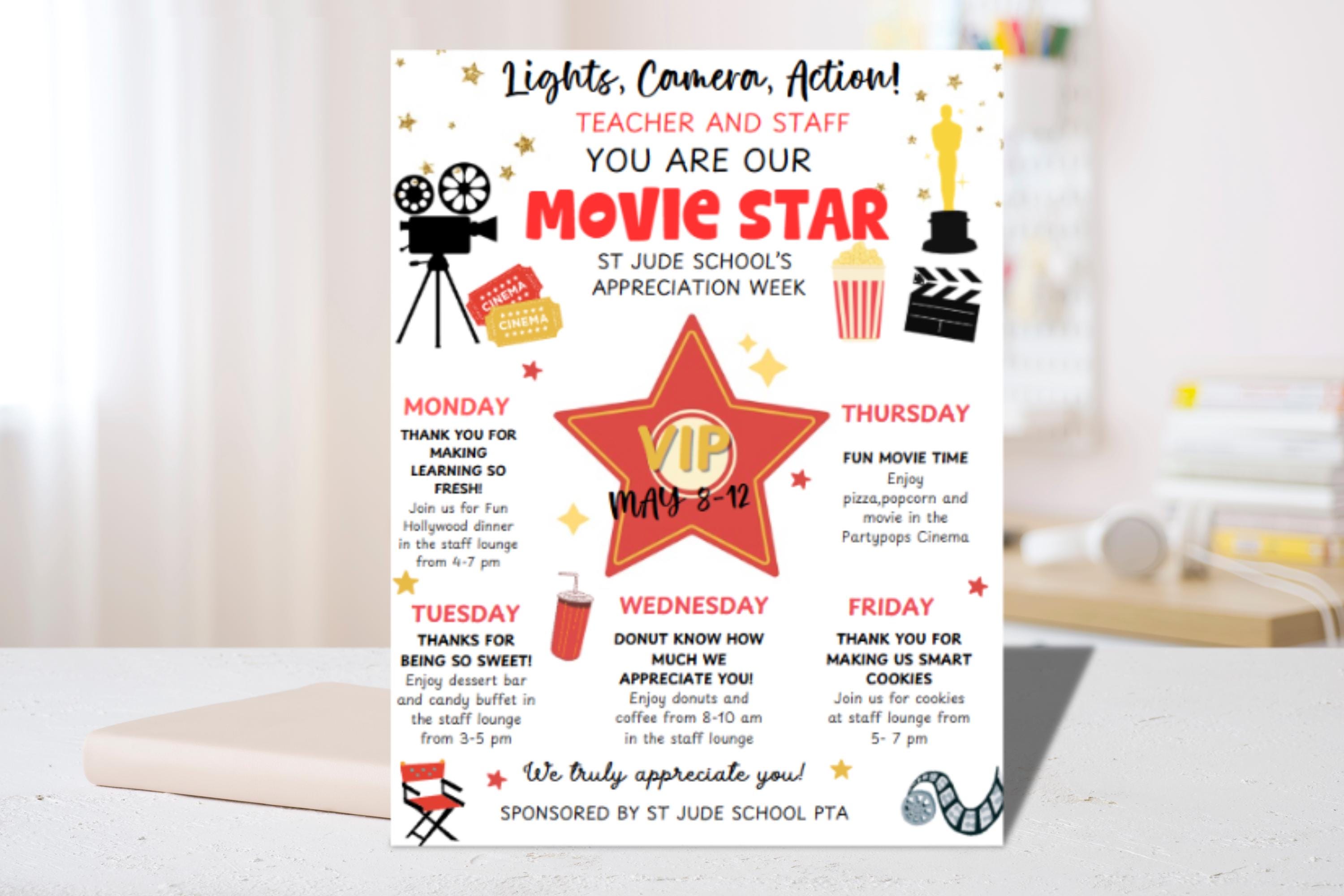 Hollywood Movie Star Teacher Staff Appreciation Week Itinerary Flyer ...