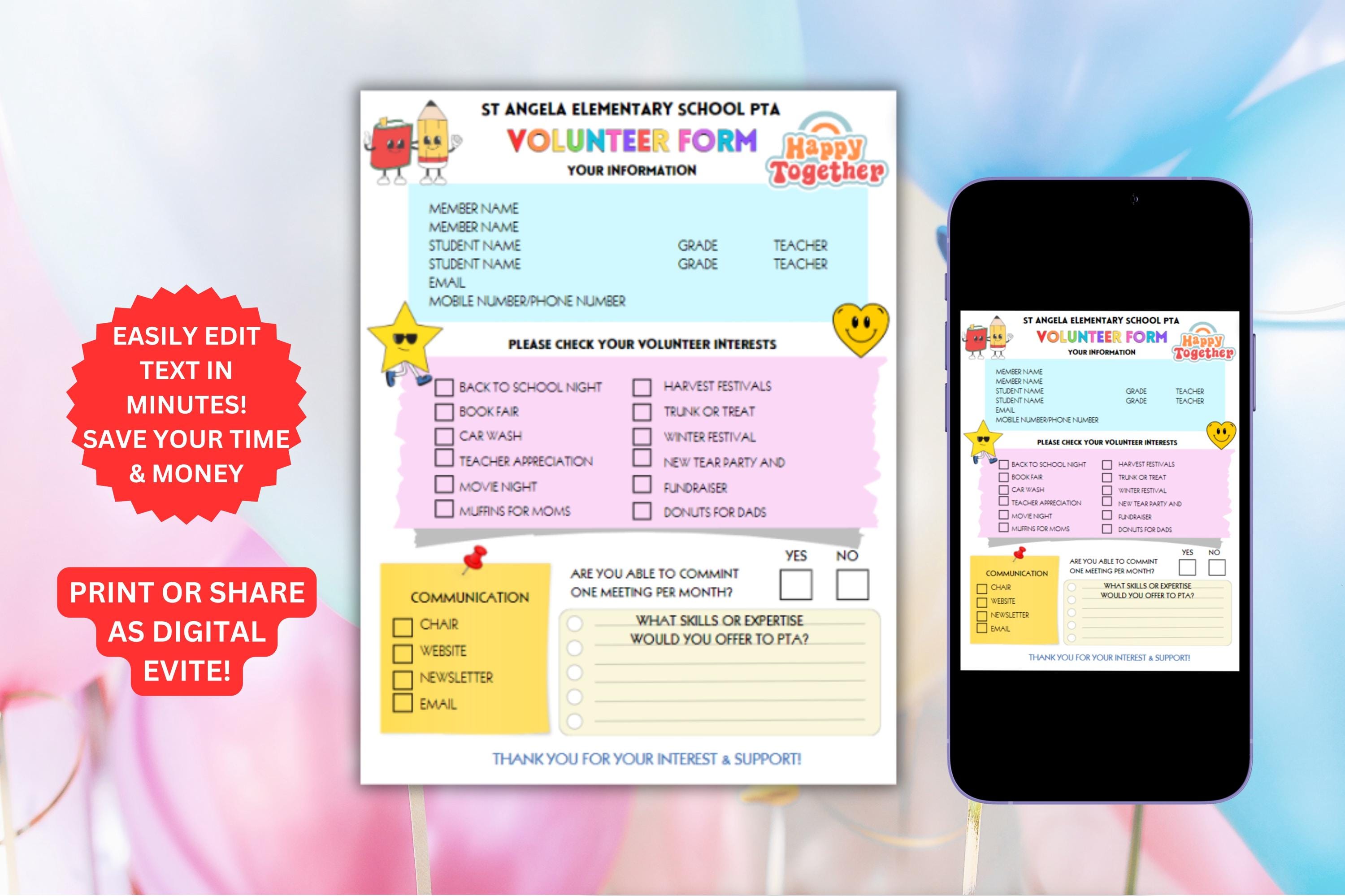PTA Volunteer Form, PTA Volunteer Registration Form,editable Printable ...