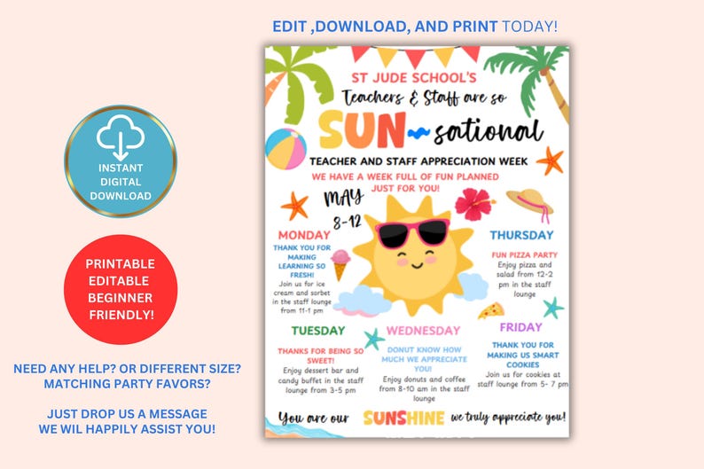 Sunsational Teacher Appreciation Week Flyer: Beach Theme Canva Template ...