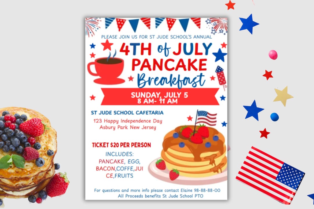 4th July Pancake Breakfast Flyer Template: Patriotic Brunch Fundraiser ...
