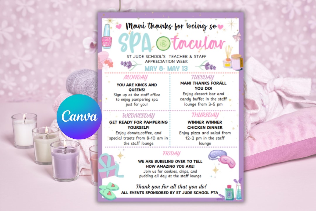 Spa Teacher Appreciation Week Flyer: Pampering Itinerary (canva ...