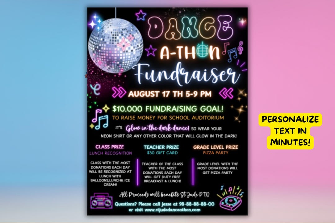 Dance-a-thon Fundraiser Flyer Template: Neon Glow, School/church (canva ...