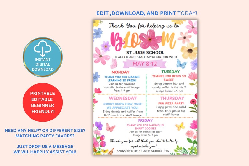 Editable Teacher Appreciation Week Itinerary: Floral Bloom Canva ...